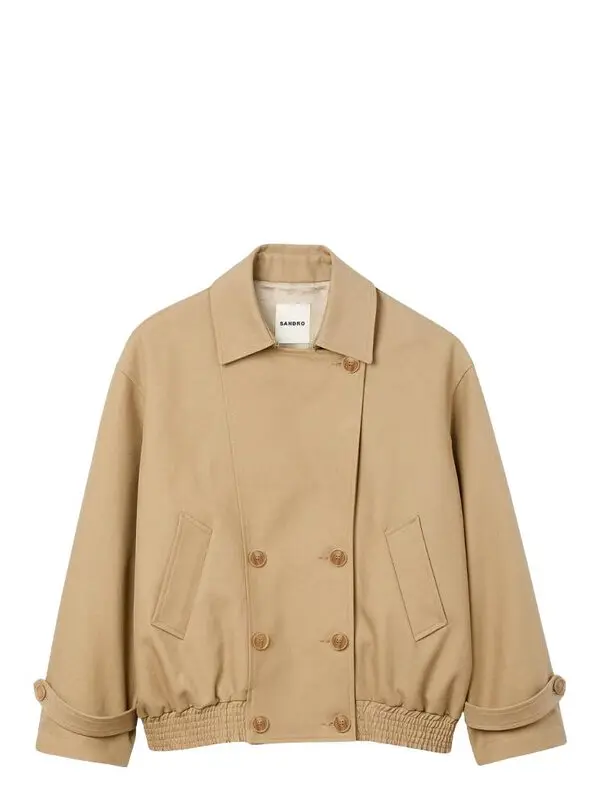 Sandro Short Oversized Trench Coat With Smocked Hem - Beige