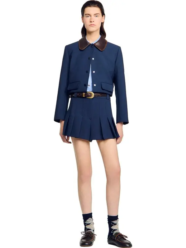 Sandro High-waisted Tailored Pleated Shorts - Navy Blue