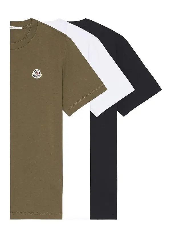 Moncler Short Sleeve Tee 3 Pack In White,black,olive - Blue  Olive Green  & White