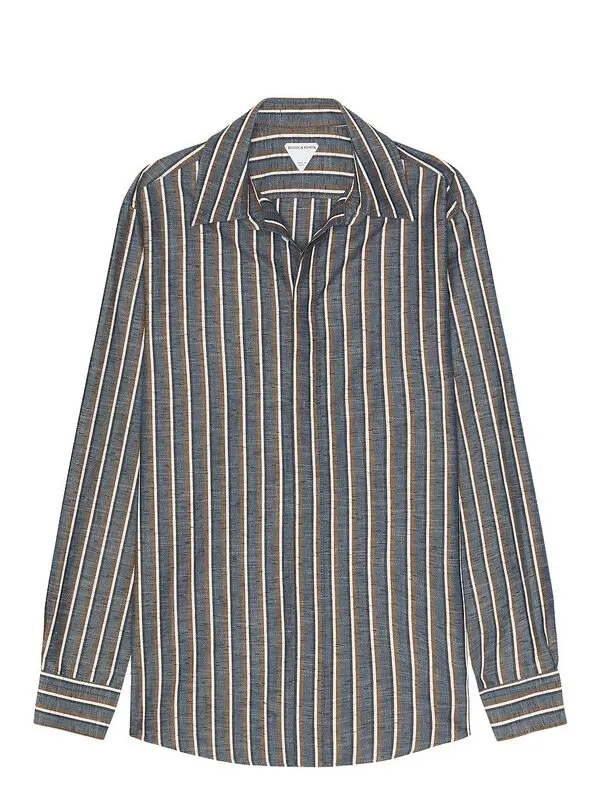 Bottega Veneta Bold Botton Linen Stripe Shirt In Blue - Blue  Khaki  & Black