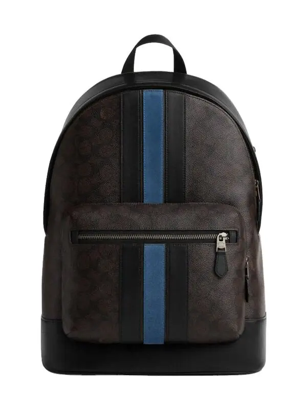 COACH® Signature Canvas West Backpack With Varsity Stripe - Signature Canvas/gunmetal