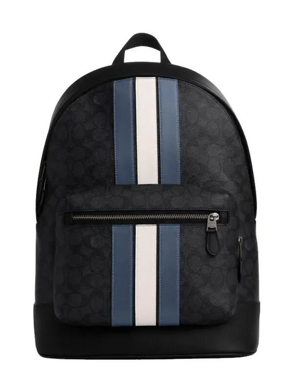 COACH® Signature Canvas West Backpack With Varsity Stripe - Signature Canvas/gunmetal/charcoal/denim/chalk