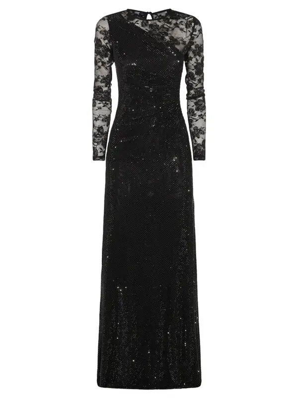 SELF-PORTRAIT Rhinestone Lace Sleeves Maxi Dress - Black