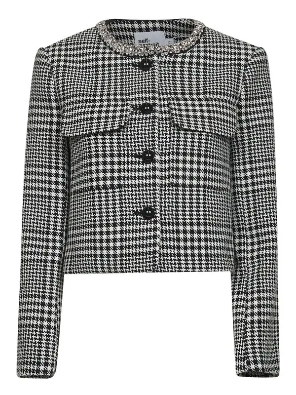SELF-PORTRAIT Houndstooth Crystal Trim Jacket - Multicolor