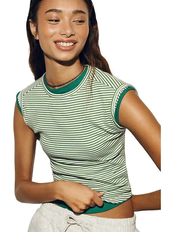 Maeve The Betty Crew-neck Baby Muscle Tee - Green Stripe