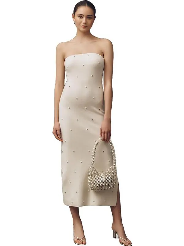 Endless Rose Strapless Pearl Embellished Midi Dress - Cream