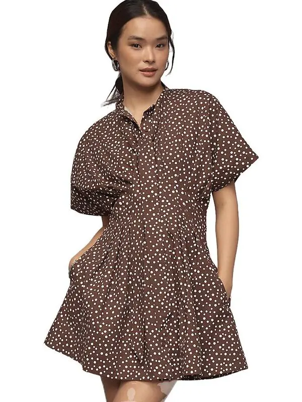 EXQUISE Tie-neck Shirt Dress - Brown/white Dot