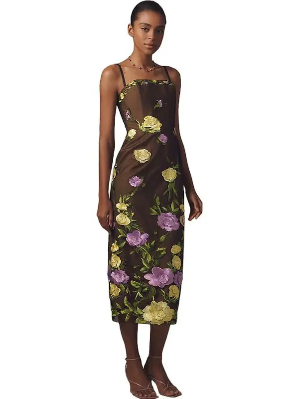 HELSI Gemma Sleeveless 3d Floral Midi Dress - Black/pale Yellow Floral