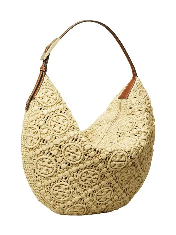 Tory Burch T Monogram Raffia Balloon Bag - Natural