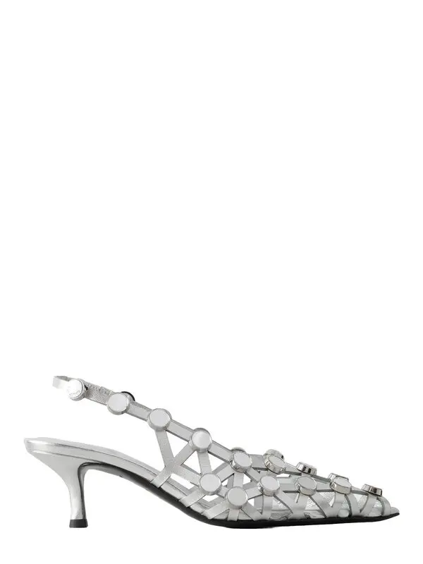 Attico Grid Studded Metallic Leather Slingback Pumps - Silver