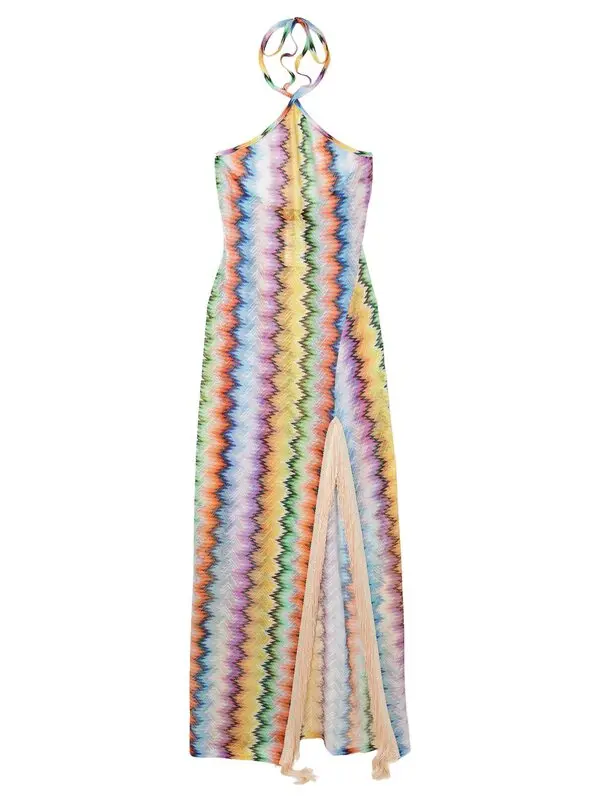 Missoni Fringed Striped Crochet-knit Halterneck Maxi Dress - Multi
