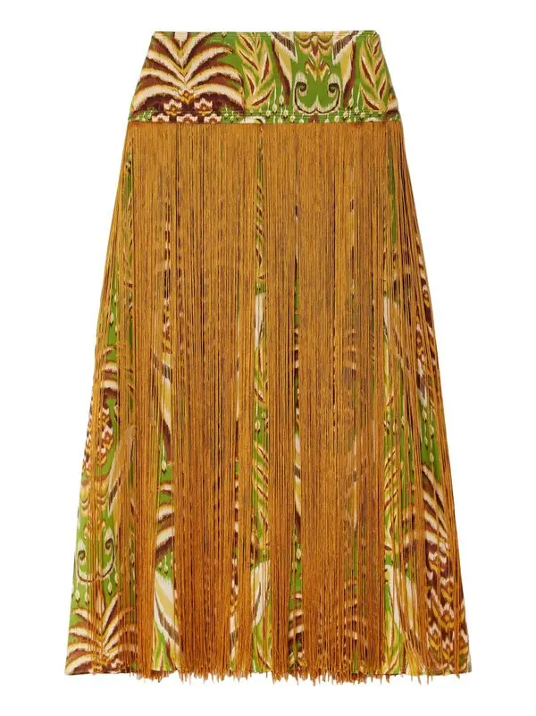 Farm Rio Fringed Printed Satin Midi Skirt - Yellow