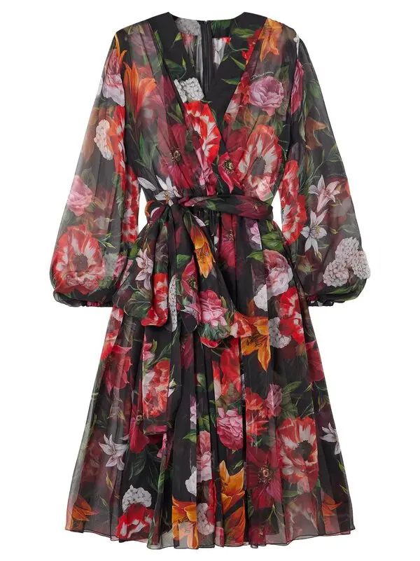 Dolce & Gabbana Belted Ruffled Floral-print Silk-chiffon Midi Dress - Black