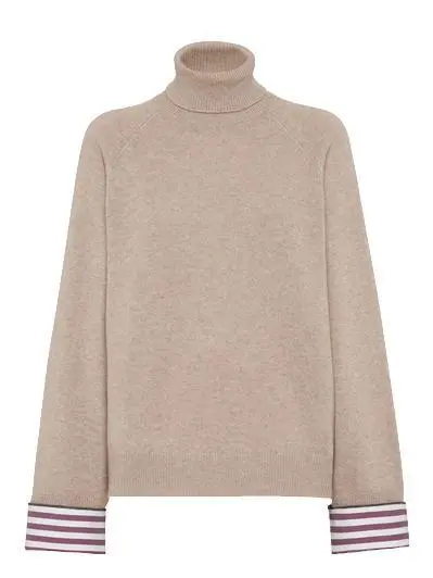 Brunello Cucinelli Cashmere Turtleneck Sweater With Monili - Light Brown