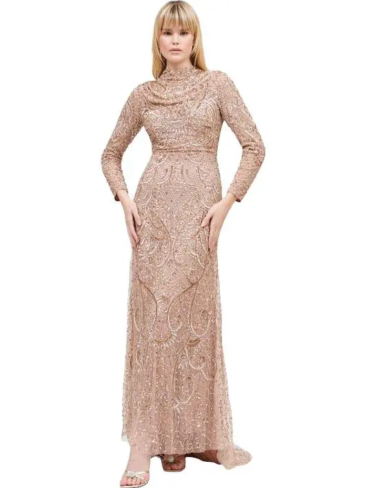 MARYISA Embellished Sequin Beaded Maxi Dress - Taupe Blush