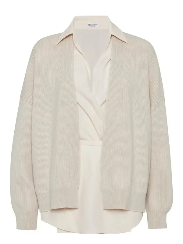 Brunello Cucinelli Cashmere Cardigan With Cupro Blend Blouse - Beige