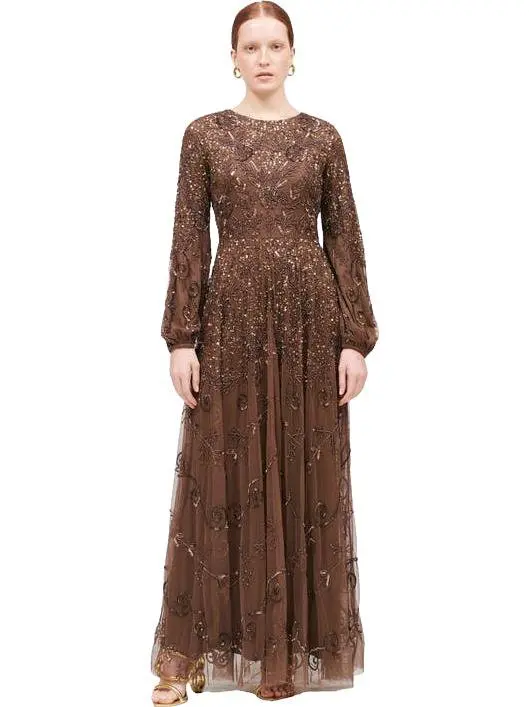 MARYISA Embellished Sequin A-line Maxi Dress - Chocolate