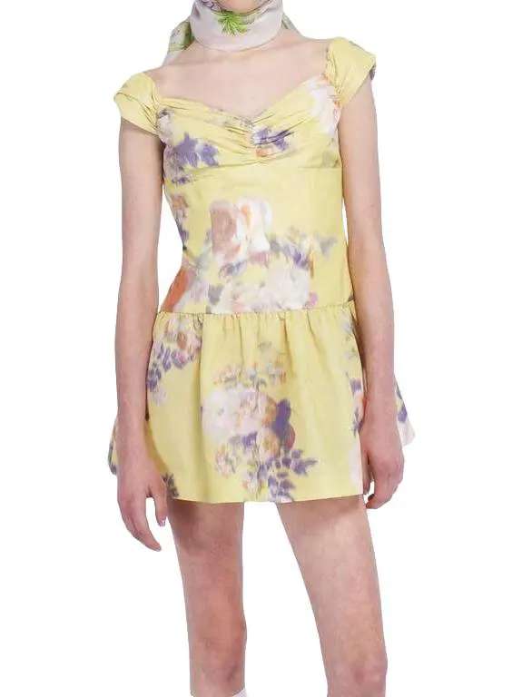Anna Sui Cabbage Rose Taffeta Sweetheart Mini Dress - Lemon Multi