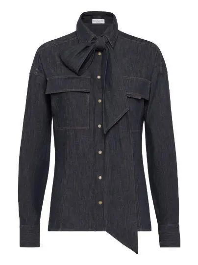 Brunello Cucinelli Pussybow Shirt With Monili - Dark Denim