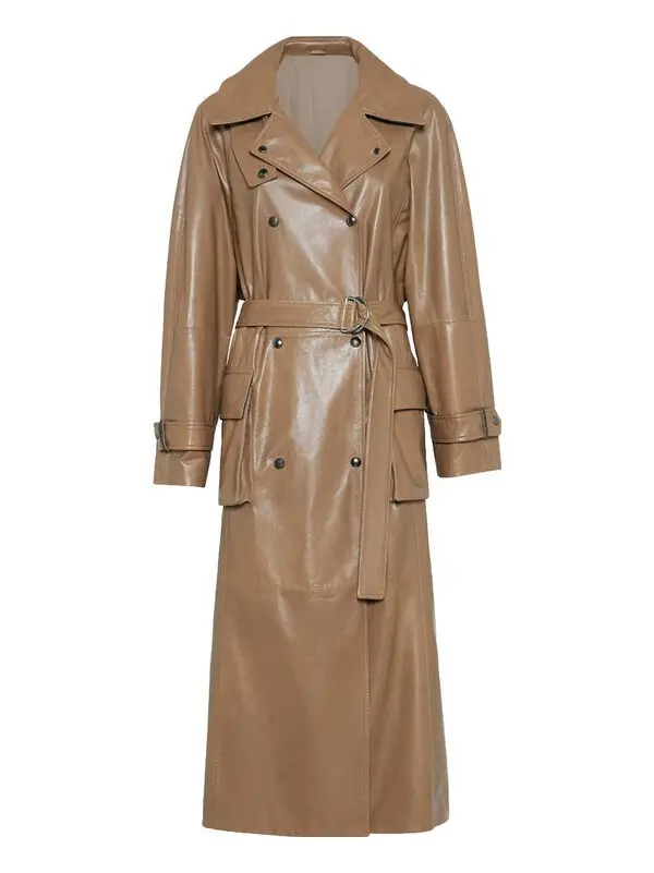 Brunello Cucinelli Polished Nappa Leather Trench With Monili - Cognac