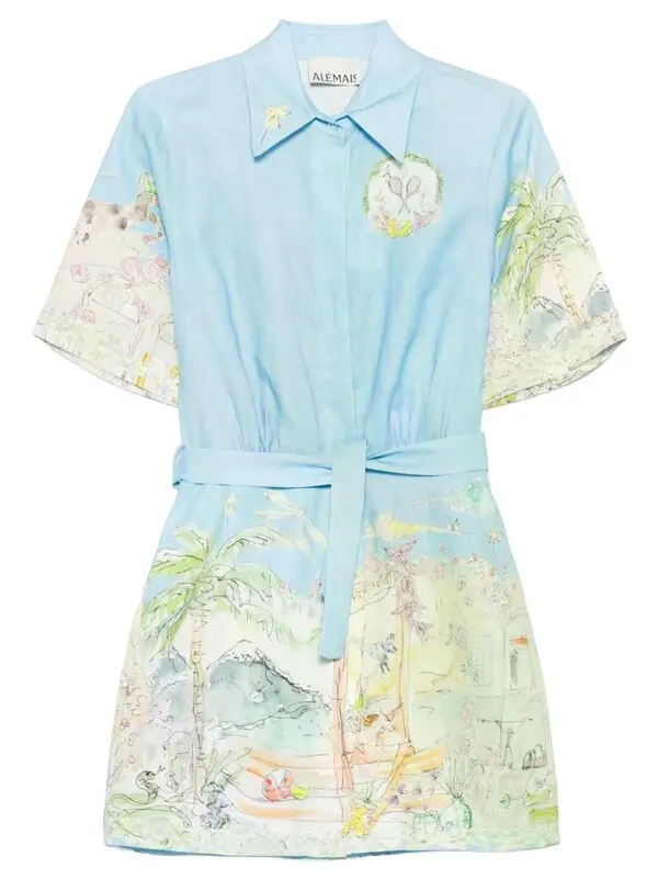 ALEMAIS Printed Linen Shirt Dress - Blue