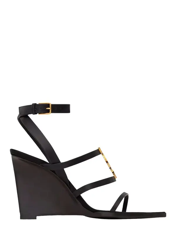 Saint Laurent 90mm Cassandra Strappy Wedge Sandals - Black