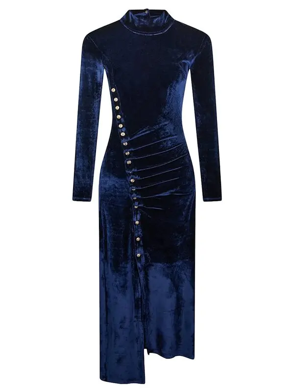 Rabanne Mock-neck Asymmetric Ruched Velvet Midi Dress - Navy Poseidon