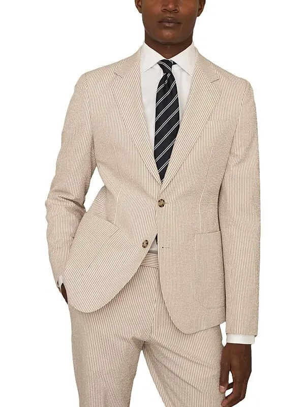 REISS Slim Fit Striped Seersucker Blazer - Oatmeal/white