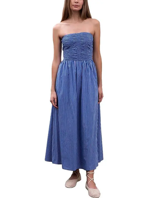 Moon River Shirred Poplin Maxi Dress - Blue