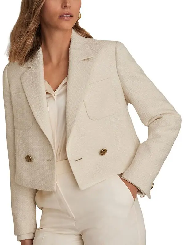 REISS Mia Cropped Double Breasted Textured Blazer - White