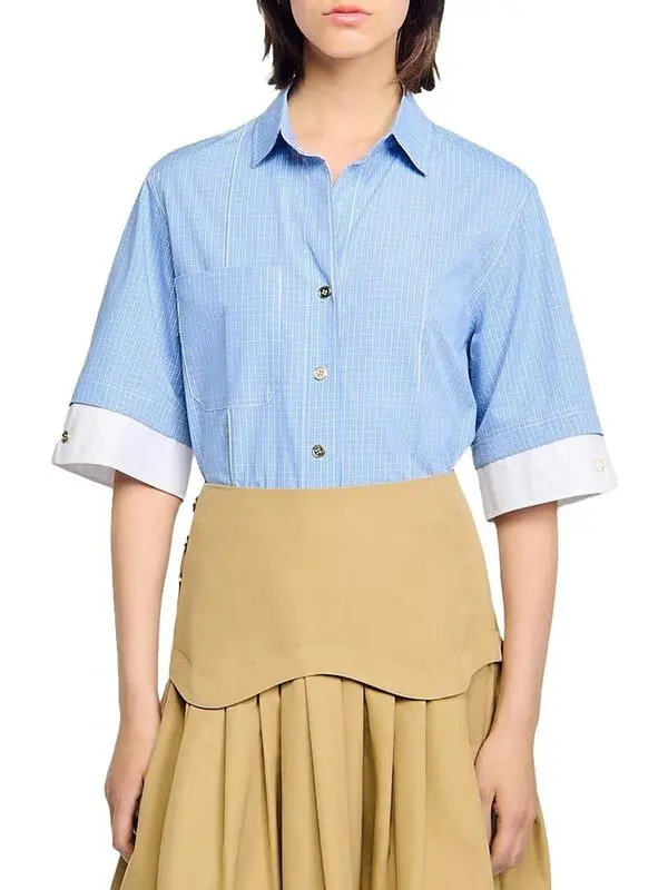 Sandro Cropped Check Shirt - Ciel/ Blanc