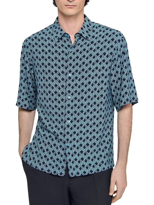 Sandro Printed Short Sleeve Shirt - Navy Blue