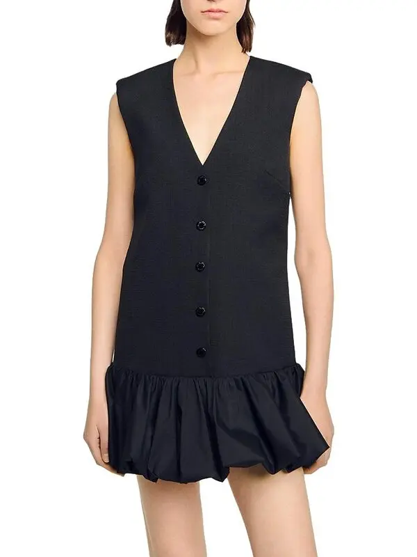 Sandro Button Front Bubble Hem Dress - Black