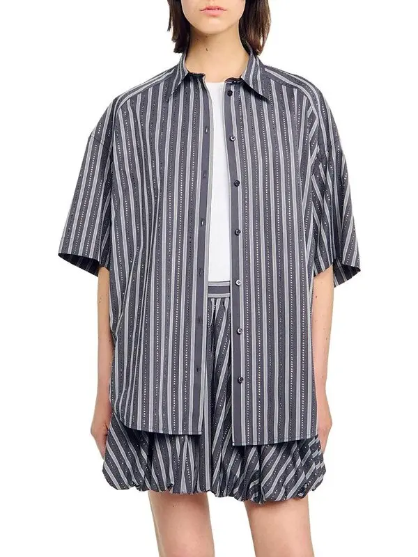 Sandro Oversized Striped Rhinestone Shirt - Grey