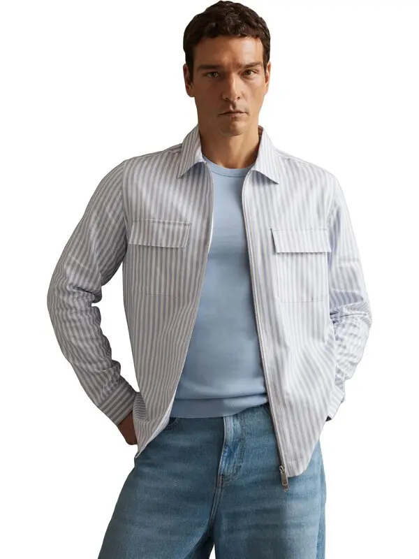REISS Palina Cotton Stripe Zip-through Shirt - White/soft Blue