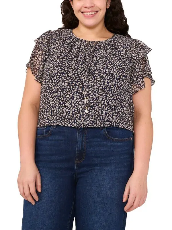 CECE DUPRAZ Floral Tie Neck Top - Classic Navy