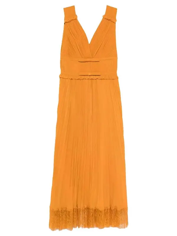 SELF-PORTRAIT Pleated Lace-trimmed Dress - Orange