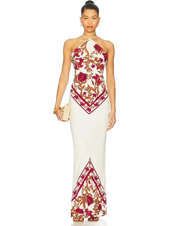 Rococo Sand Bias Halter Maxi Dress - Ivory & Burgundy