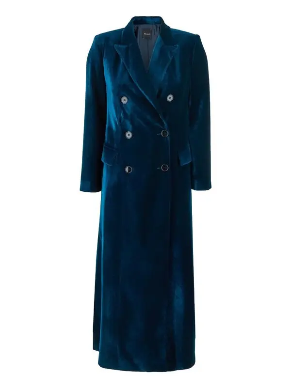 PLAIN Double-breasted Velvet Coat With Classic Lapel - Blue