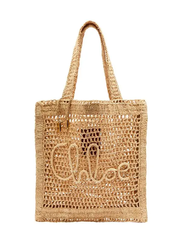 Chloé Raffia Tote With Logo - Sand