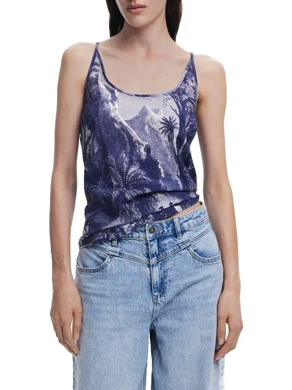 Desigual Printed Racerback Tank Top - Navy Blue