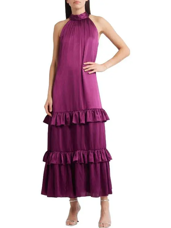 Halogen Tiered Sleeveless Satin Maxi Dress - Deep Mulberry