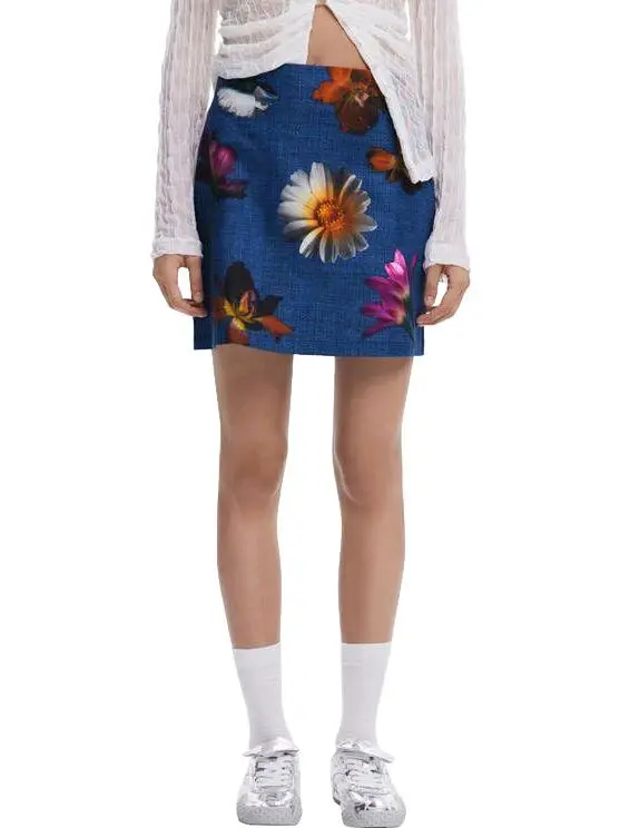 Desigual Floral Print Denim Miniskirt - Dark Blue