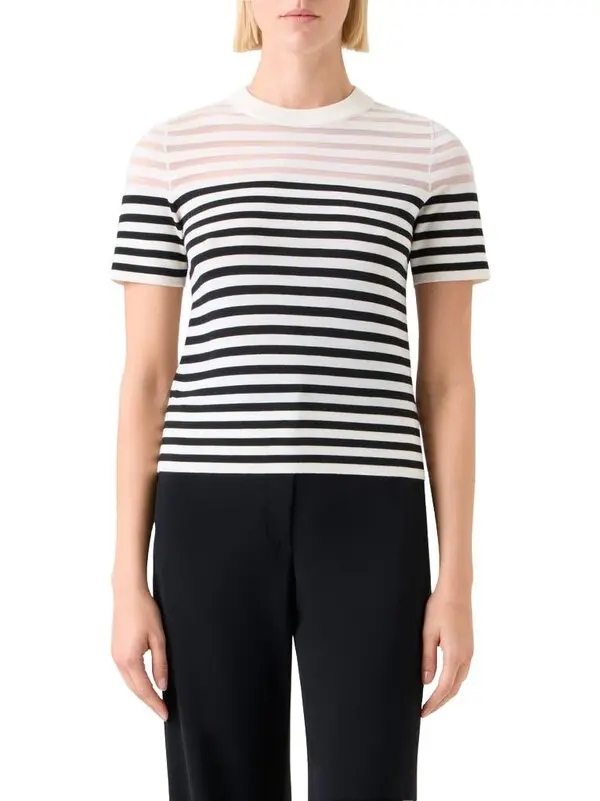 Akris Stripe Short Sleeve Merino Wool Blend Sweater - Cream-black