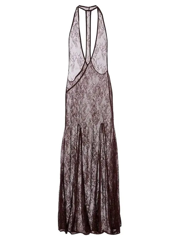 ADRIANA DEGREAS Open-back Sheer Lace Maxi Dress - Brown