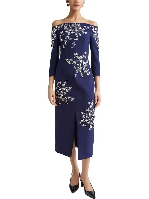 Carolina Herrera Floral Appliqué Off-the-shoulder Midi Dress - Midnight