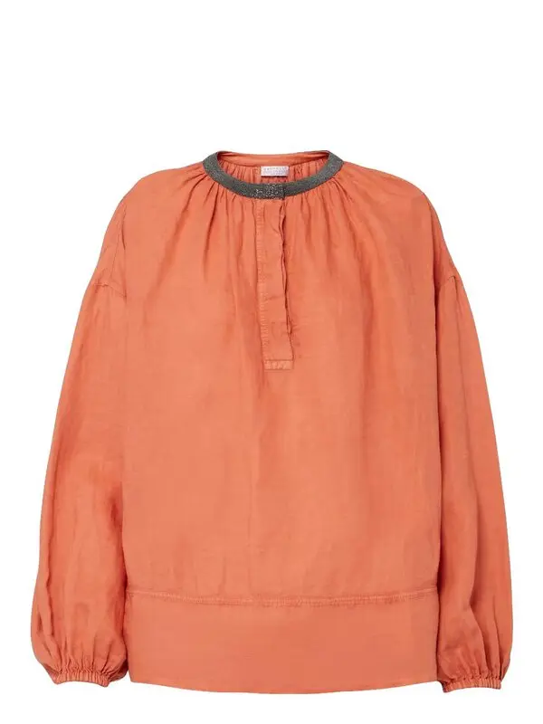 Brunello Cucinelli Monili Linen And Cotton Top - Orange