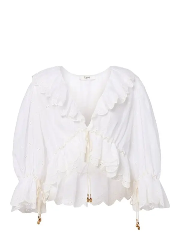 Chloé Broderie Anglaise Ruffled Cotton Blouse - White