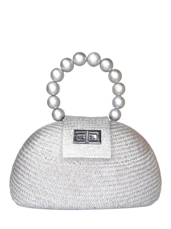 SOLI & SUN Woven Straw Clutch With Wooden Bead Handle - Silver