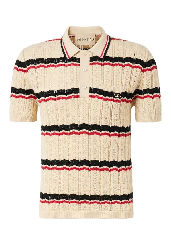 Valentino Garavani Vlogo Pointelle Striped Cotton Polo Shirt - Beige
